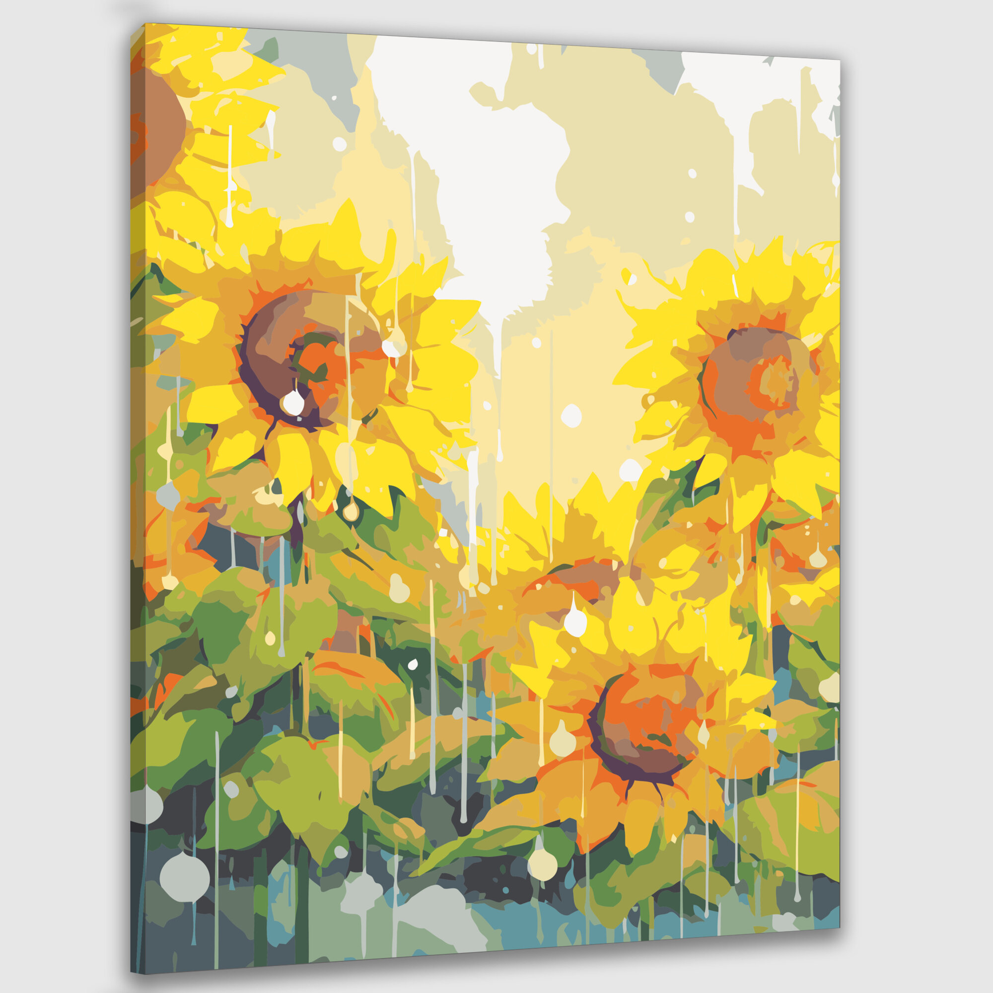 Картина по номерам 40x50 см, подсолнухи, акварель, иллюстрация, поле, солнечный свет, капельки воды, лепестки, танец