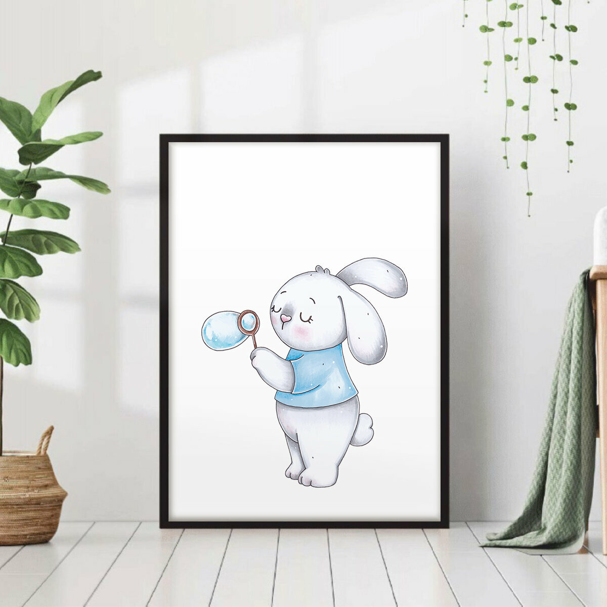 Постер "Зайчик с мыльными пузырями для детской" в черной рамке 40x50 см для интерьера на стену
