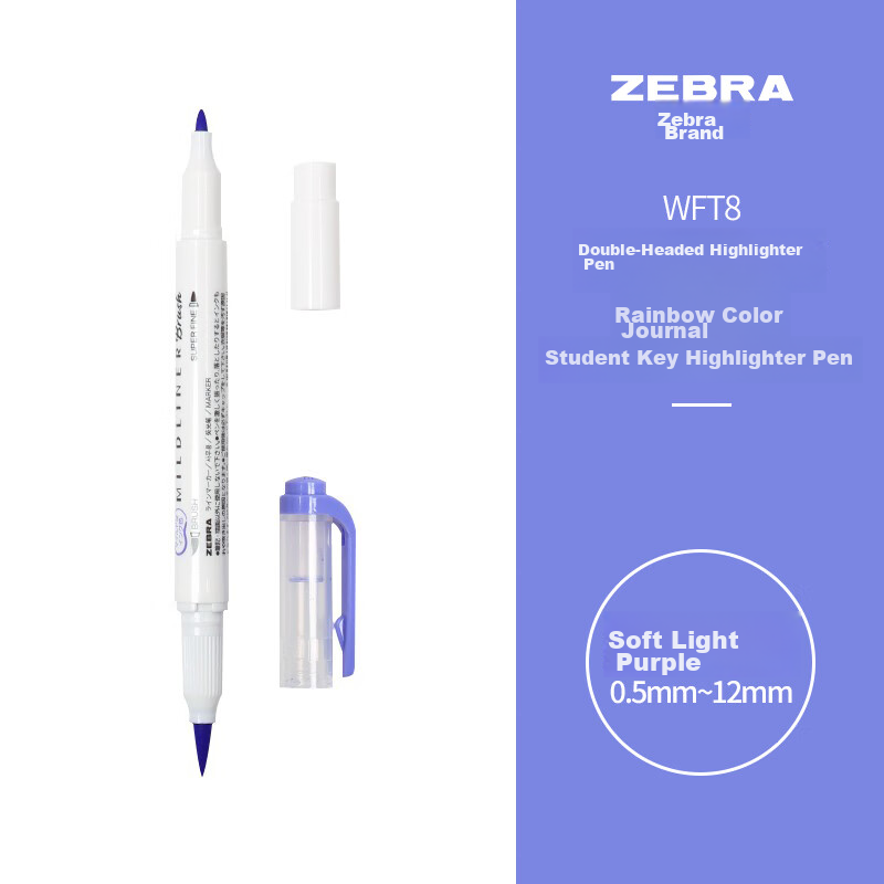 ZEBRA Dual-Tip Highlighter Pen, Rainbow Color Planner Pen, Student Highlighting Pen, Marking Pen, Brush Soft Color Series, WFT8, Soft Light Purple