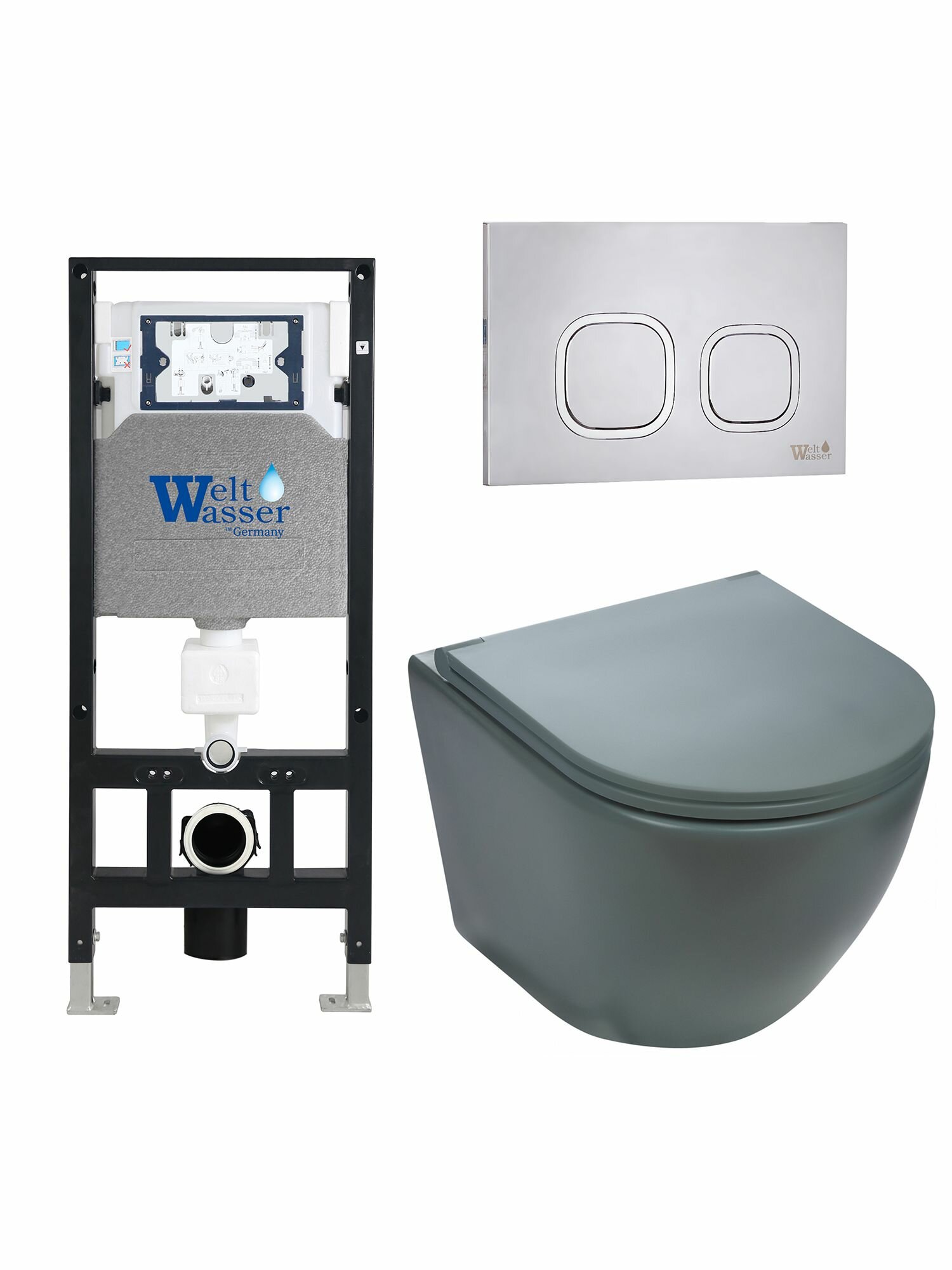 Комплект 6 в 1 WeltWasser: подвесной унитаз MERZBACH 043 MT-GR серый+кнопка смыва AMBERG RD-MT CR хром+инсталляция AMBERG 506