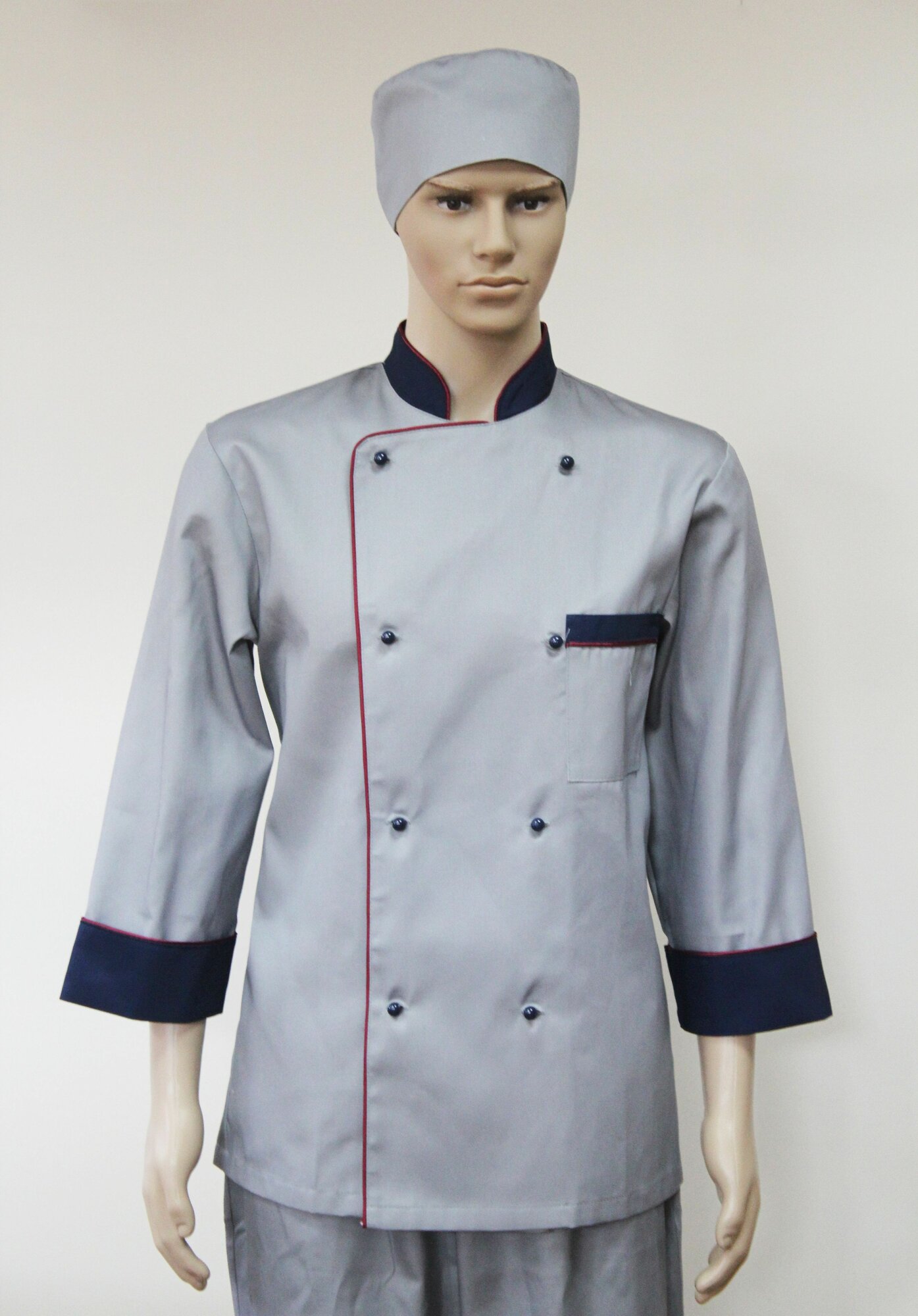 Китель поварской размер 56 серый с темно-синей отделкой с бордовым кантом на пуклях (ткань плащевая)