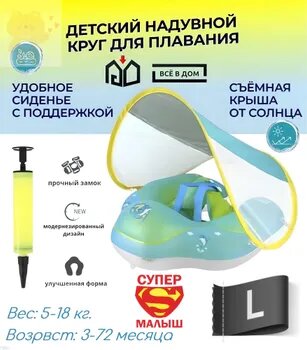 Надувной безопасный плавательный круг детский SwimBoBo L Blue голубой (56 см. внешний, 16 см. внутренний размер) Всё в дом. Со съёмным навесом, козырьком, крышей для защиты от солнца. TQB2