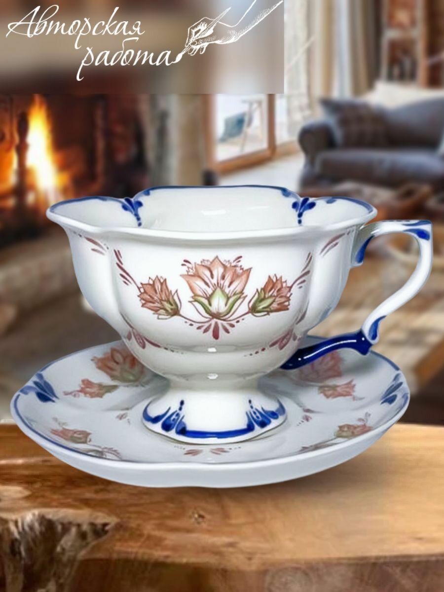 Чайная пара "Яна", 200 мл. Объединение Гжель. Гвоздика. Ручная работа. Фарфор.