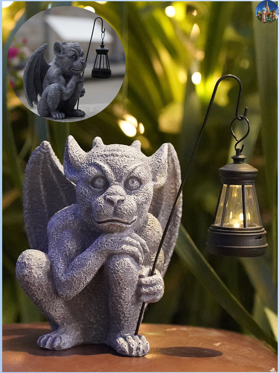 Статуя горгульи, интересное готическое украшение сада, работающее на солнечных батареях