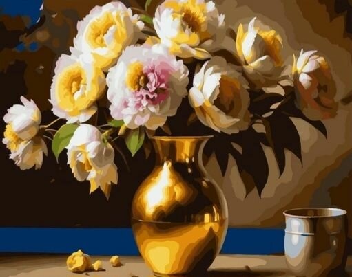 Картина по номерам "Белые пионы в золотой вазе" холст на подрамнике 40х50 см, US10294