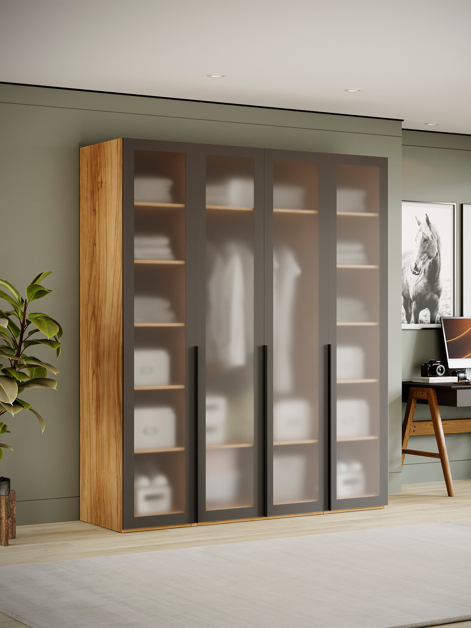 Шкаф Мебель Трия "Порто" Яблоня Беллуно/Графит/Стекло сатин черное