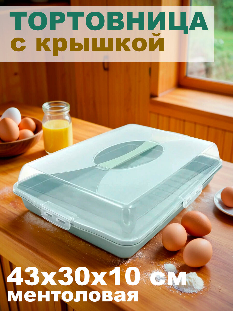 Тортница DD Style, пластик, прямоугольная, с крышкой, 43x30x10 см, ментоловая