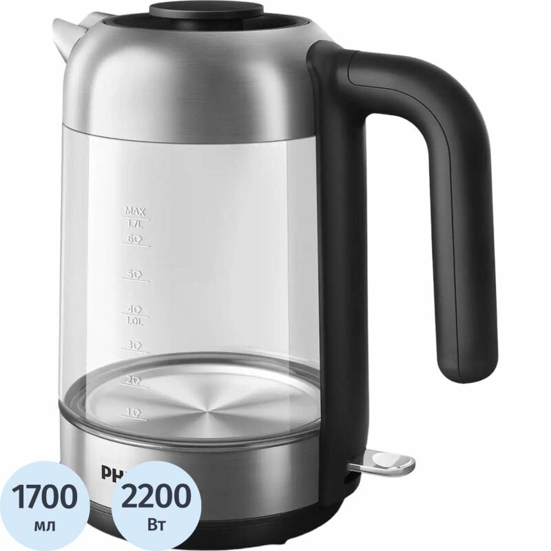 Чайник Philips HD9339/80, 1,7 л, 2200 Вт, стекло/нержавеющая сталь/пластик, черный