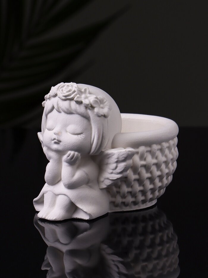 Подсвечник на 1 свечу Ангел с корзинкой, гипс, 9×6.5×7 см