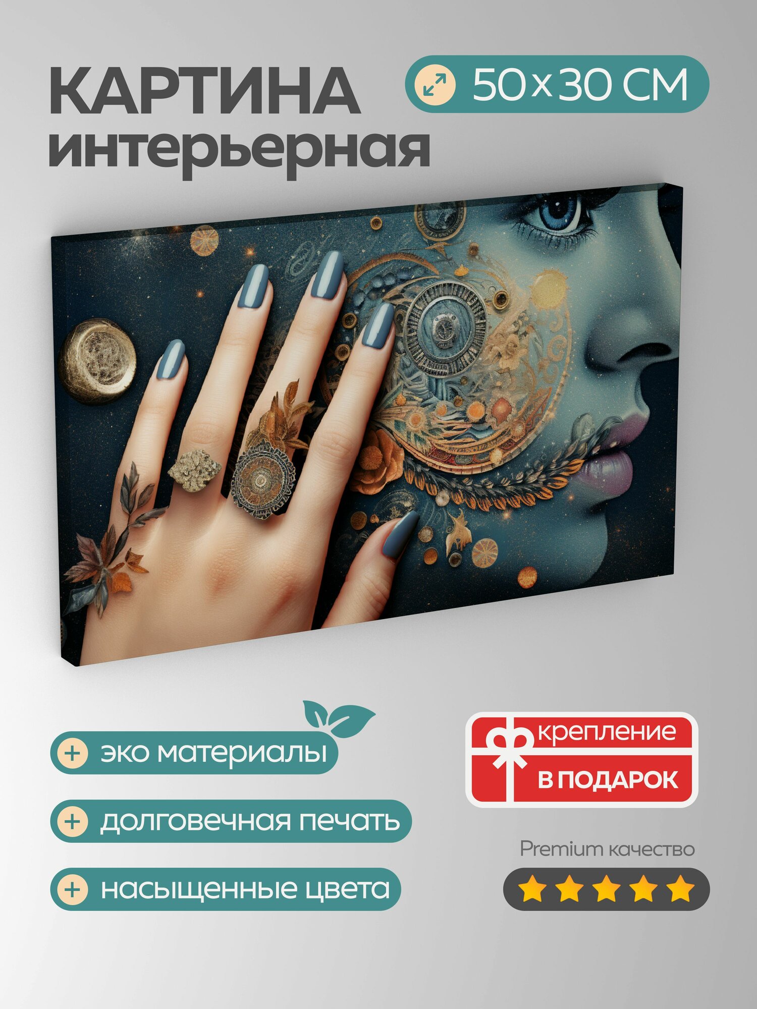 Картина на холсте интерьерная 50х30 см, сюрреализм, цифровой коллаж, маникюр, таинственность, реальность, фантазия