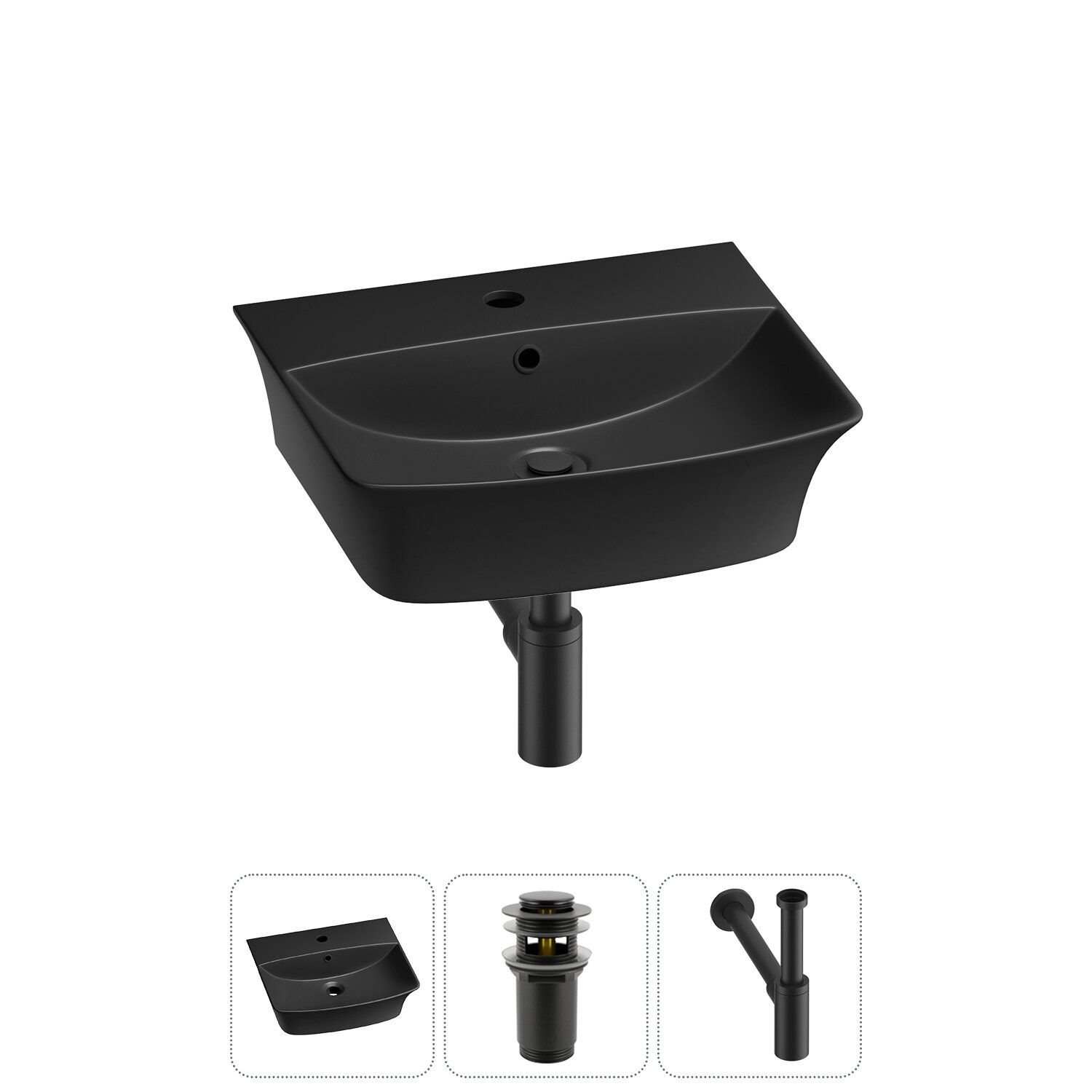 Подвесная или накладная раковина в ванную комнату Lavinia Boho Bathroom Sink 20216769R в наборе 3 в 1: раковина 45 см в цвете матовый черный, донный клапан, сифон