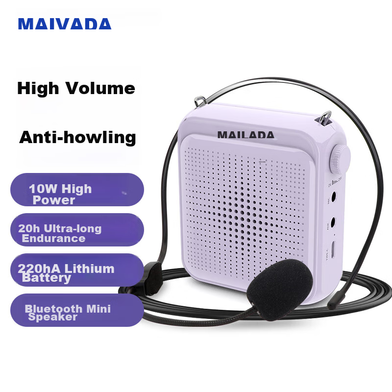 Mala Da Xiaomifeng Amplifier, Teacher-Specific Wired Headset Microphone, Outdoor Loudspeaker, Public Address System, Tour Guide And Teacher's Explanation Device, Waist-Mounted Portable A6 Purple Bluetooth Speaker