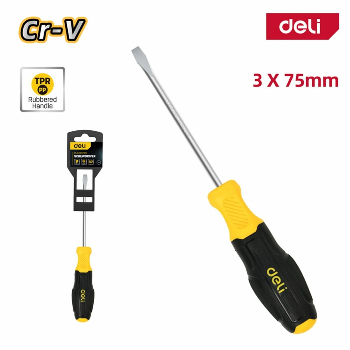 Шлицевая отвертка SL3х75мм Deli DL6330751N сталь Cr-V, двухкомпонентная прорезиненная рукоять