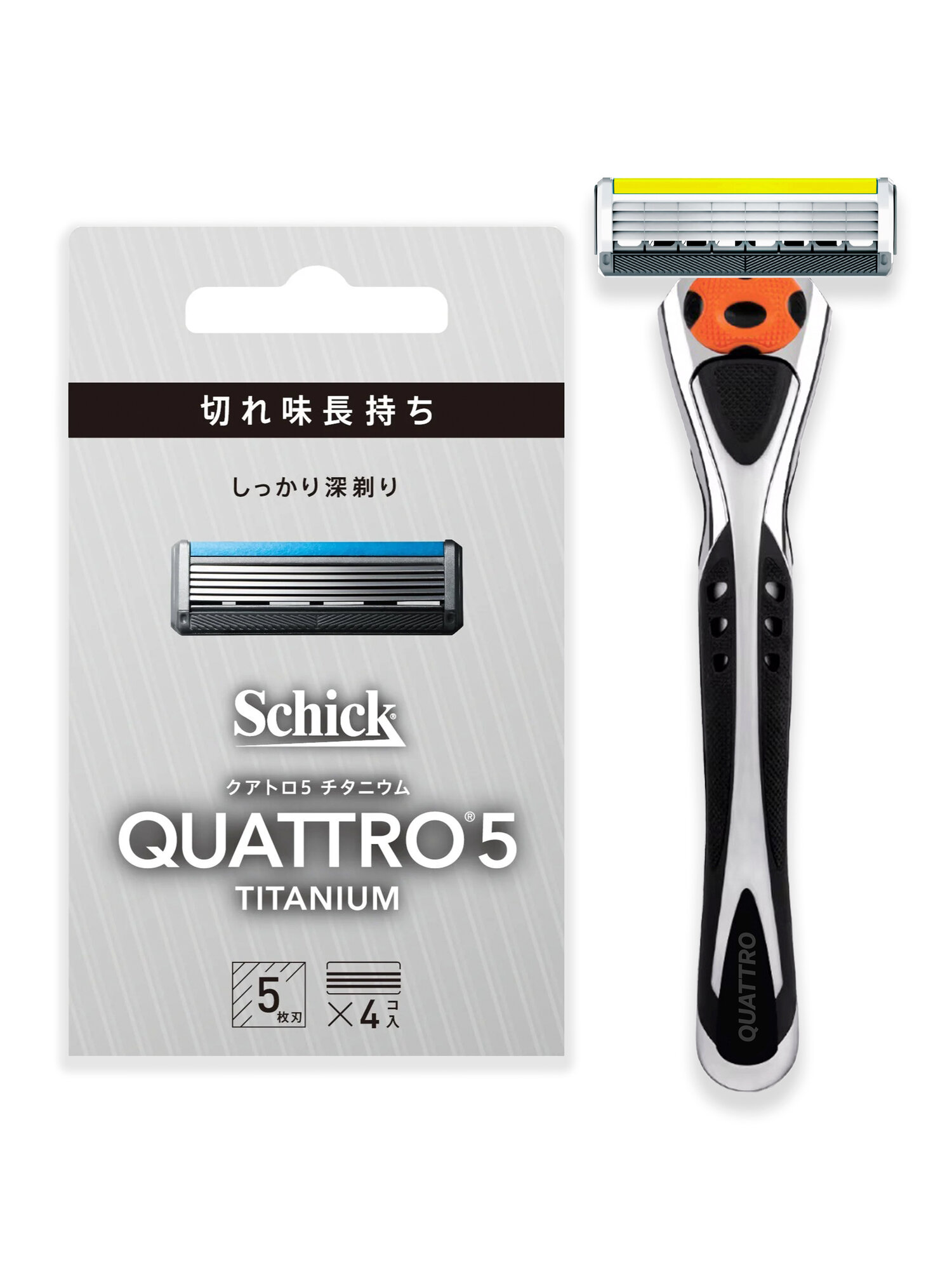 Schick Quattro 5 Titanium (Япония), 4 сменные кассеты + станок Quattro Core Motion с 1 кассетой
