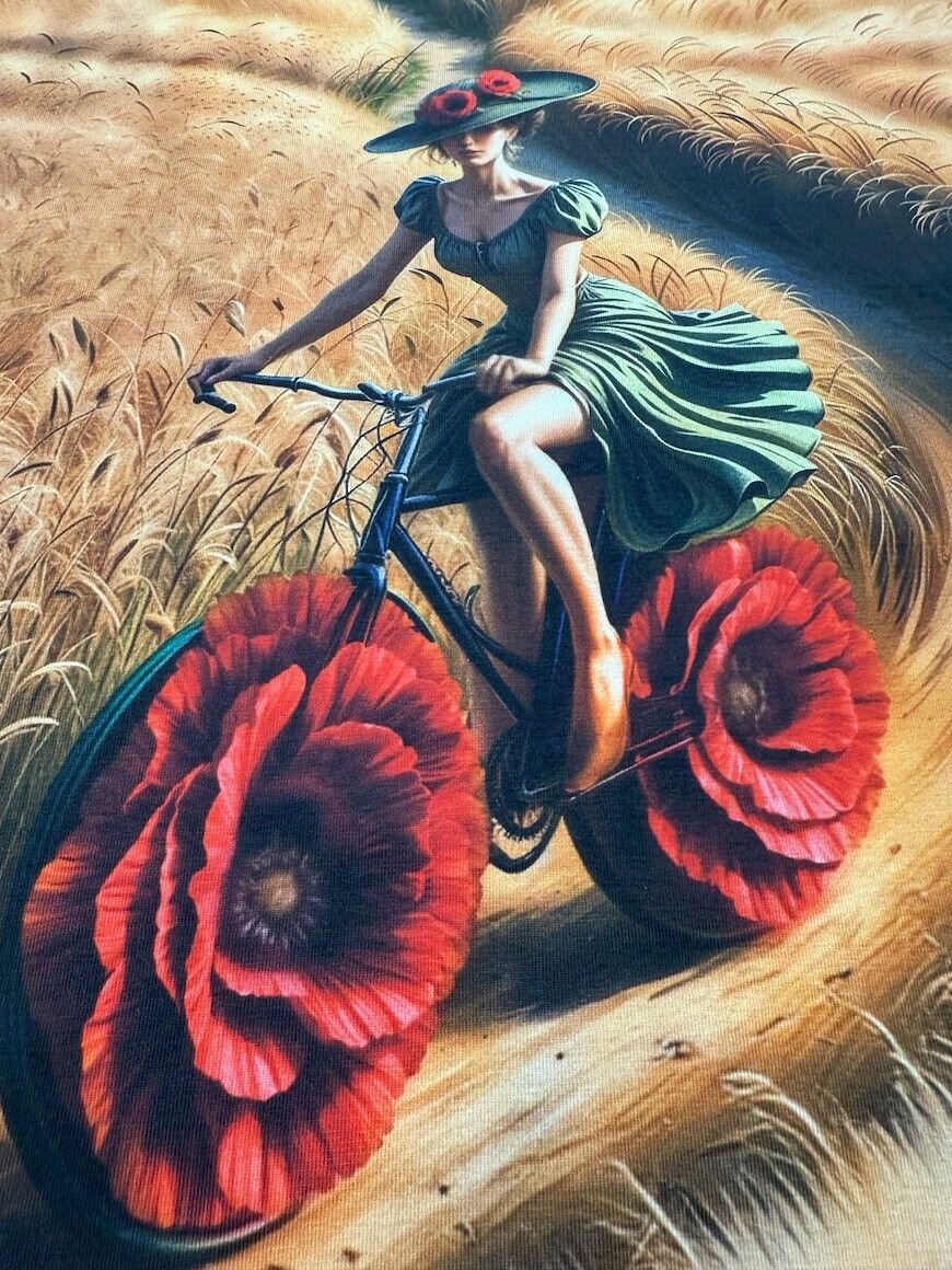Ткань Кулирка с диджитальным принтом Девушка и велосипед / передняя полочка