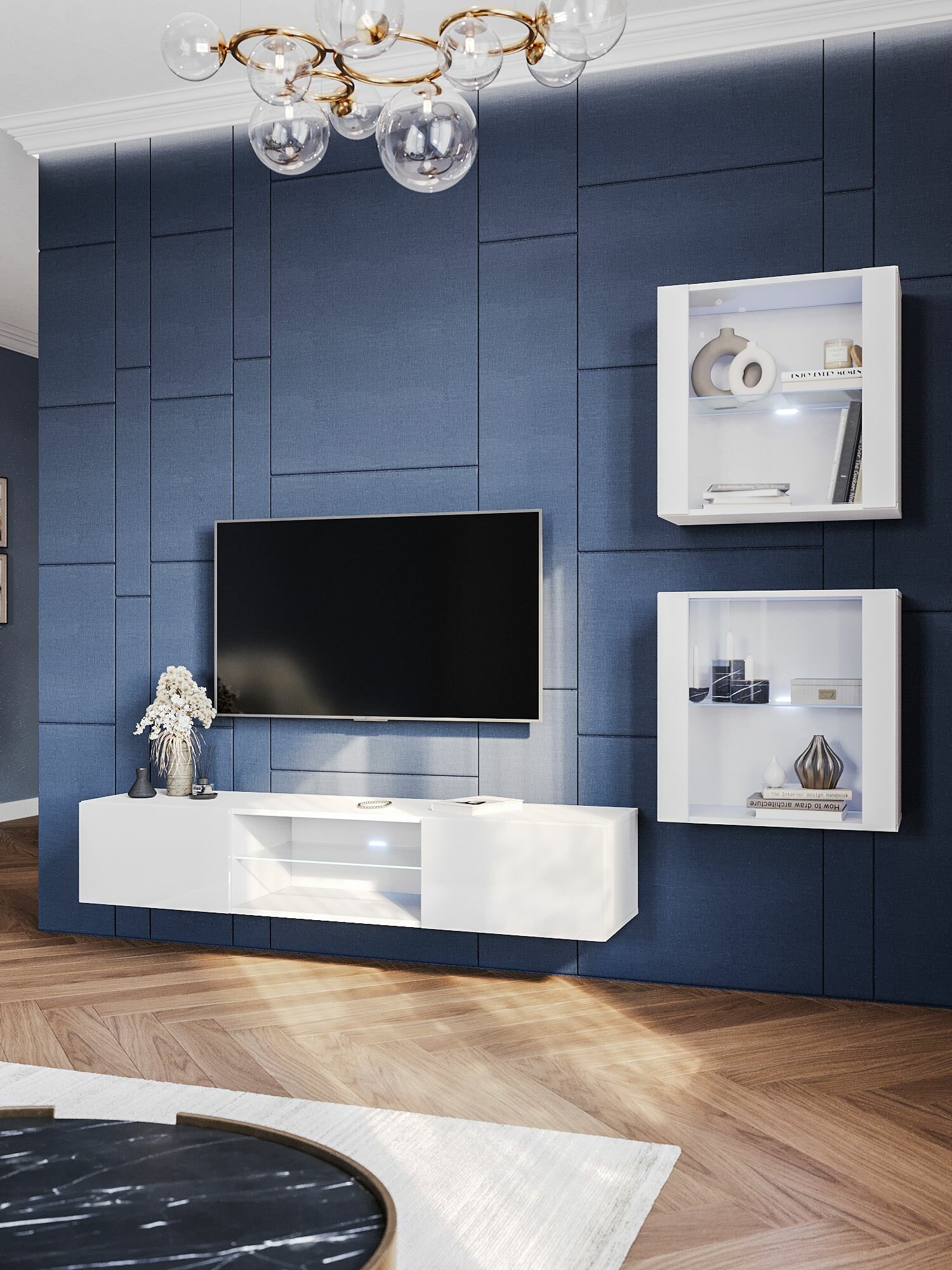 Стенка в гостиную, стенка для гостиной Point-К24, тв тумба подвесная , Белый глянец, 220х150х40 см (ШхВхГ)