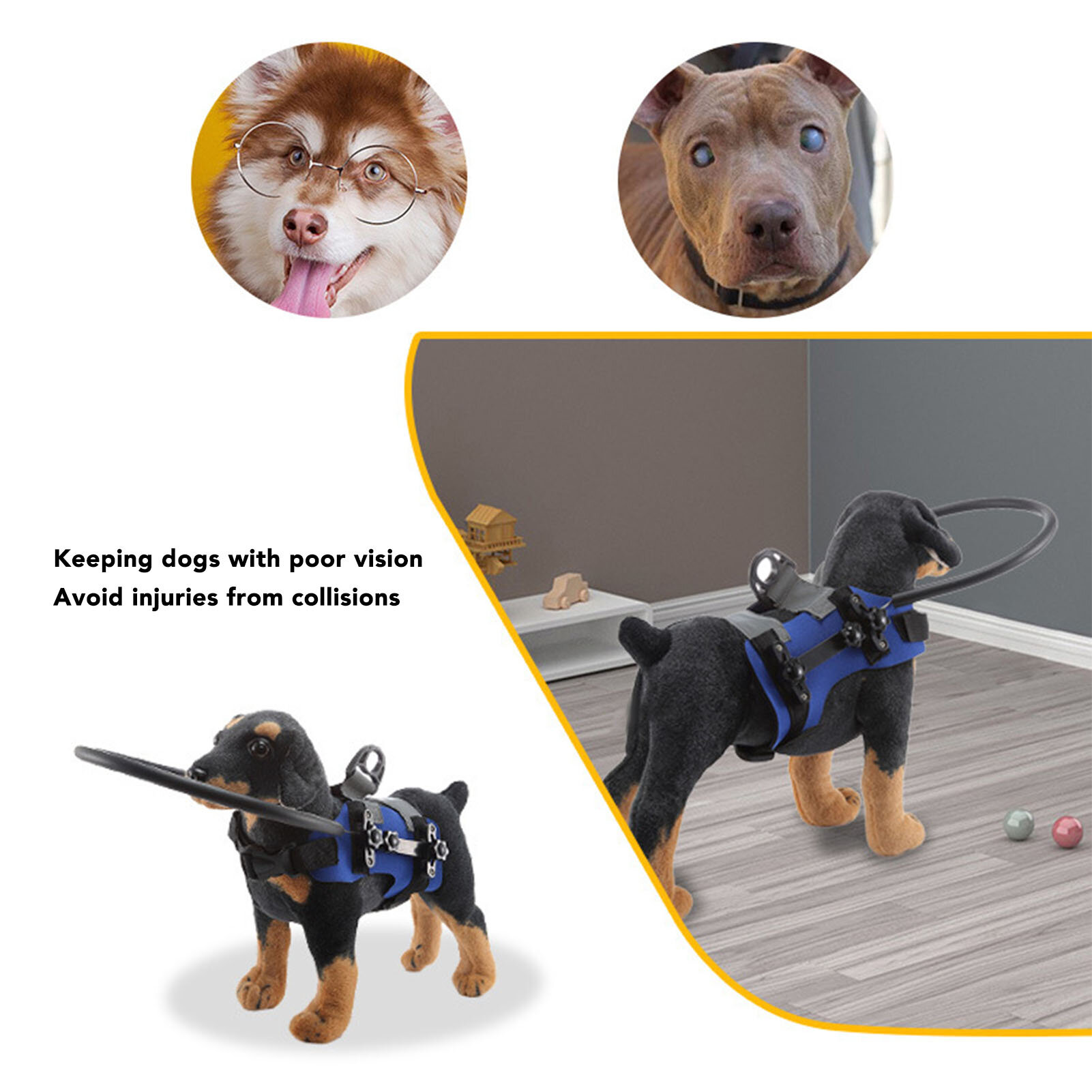 Кольцевая шлейка для слепых собак, кольцо для предотвращения столкновений, регулируемые защитные ограждения, направляющее устройство, простая фиксация для слепых животных, синий цвет M для собак весом 11–18 кг