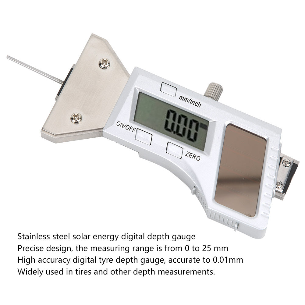 Солнечный цифровой глубиномер протектора шин Штангенциркуль из нержавеющей стали Измеритель глубины протектора 0-25 мм 0,01 мм 0-25 мм