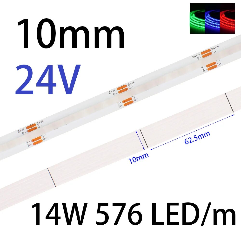 OCONA COB RGB Светодиодная лента 12В 10mm-24V 576LEDs, 4 м