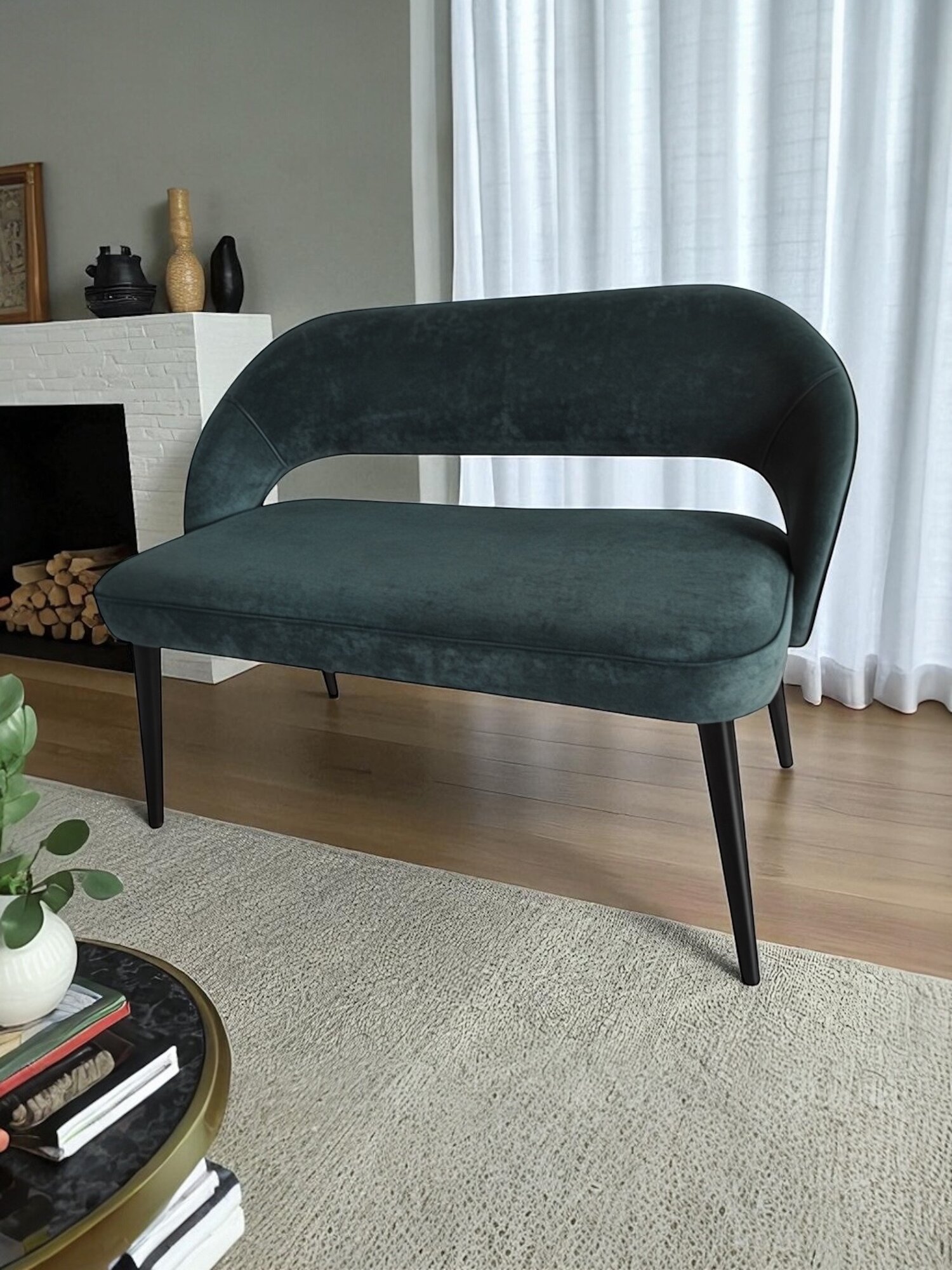 Диван маленький для кафе, гостиной, темно-зеленый, Цвет ножек черный