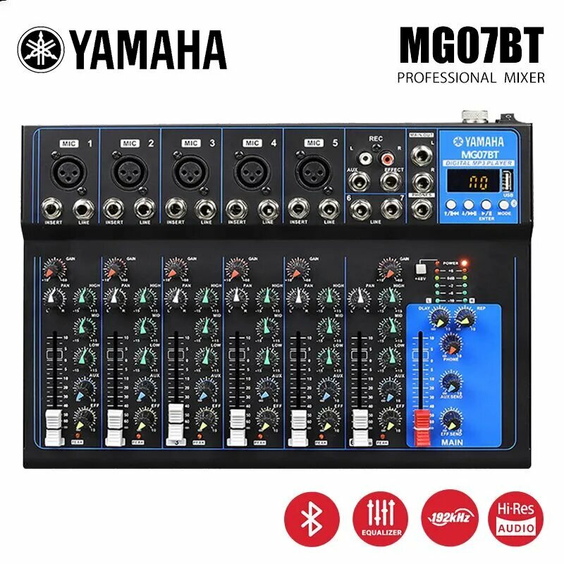 Yamaha MG07BT Звуковая карта для записи прямой трансляции (с эффектами, поддержка USB) Миниатюрный портативный миксер, подходит для прямой трансляции, записи пения, студии,