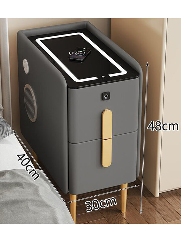 Современная умная прикроватная тумбочка из массива дерева, беспроводная зарядка + трехцветная подсветка + блокировка отпечатков пальцев + USB-интерфейс + аудио Bluetooth,30*40*48