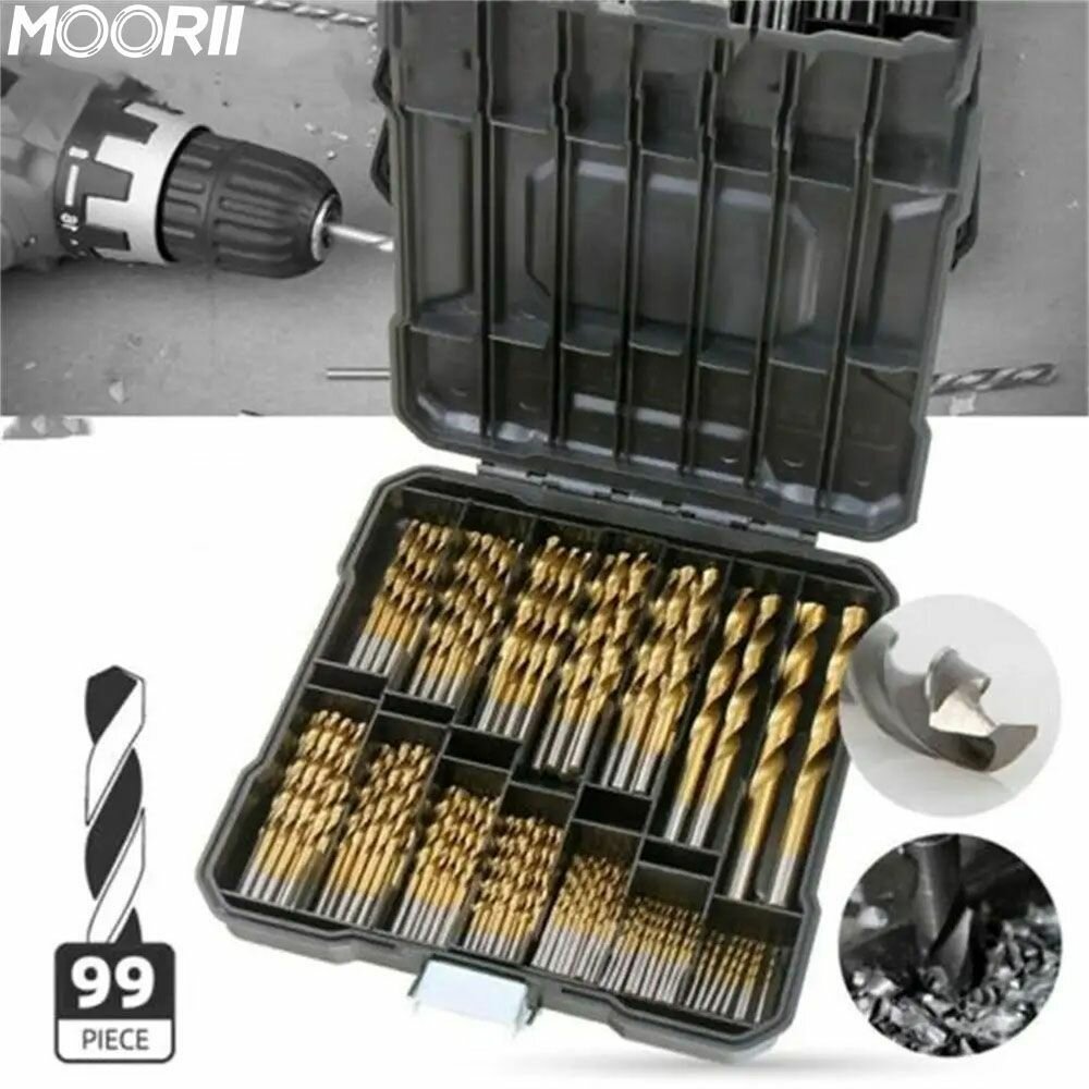 Набор титановых спиральных сверл, 99 шт, обычные наконечники против ходьбы, высокоскоростные стальные сверла из быстрорежущей стали, набор