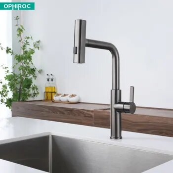 OPHIROC смеситель кухонный, Водовыпуск в виде водопада,0836-G, серый металлик