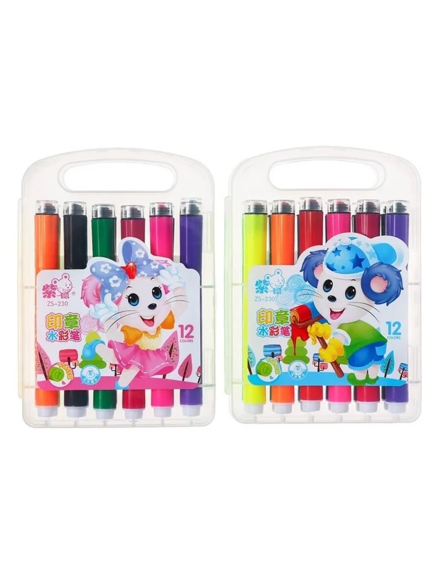 Фломаcтеры 12 цветов, кистевидный наконечник, с печатью