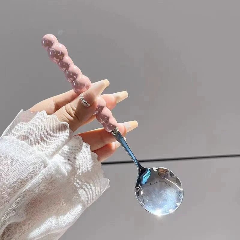 1 шт. корейская посуда с длинной ручкой, утолщенная ложка для льда, ложка из нержавеющей стали, Pink