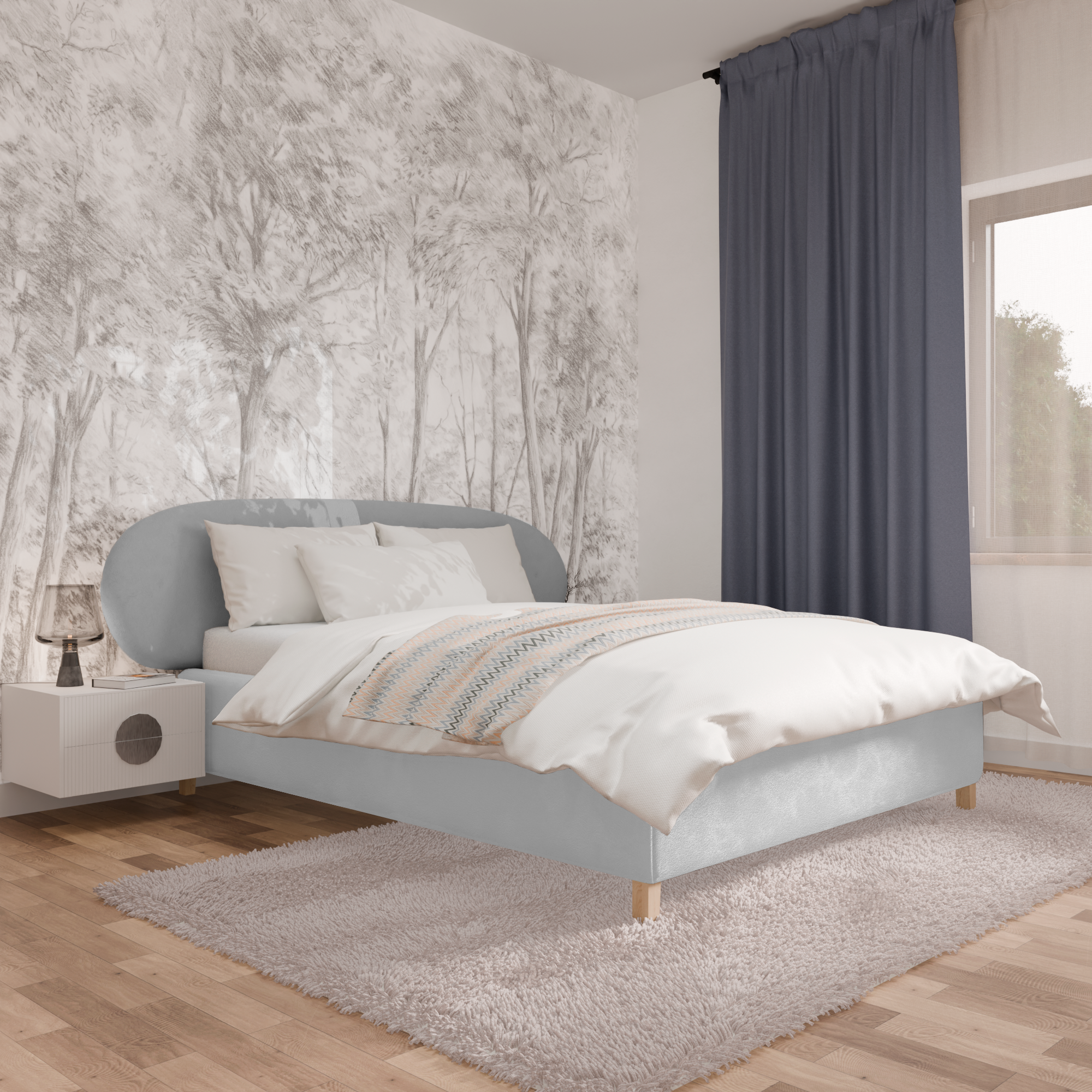 Кровать двуспальная Эллипс с подъемным механизмом 160х190, с ножками, с ящиком, светло-серый/слоновая кость