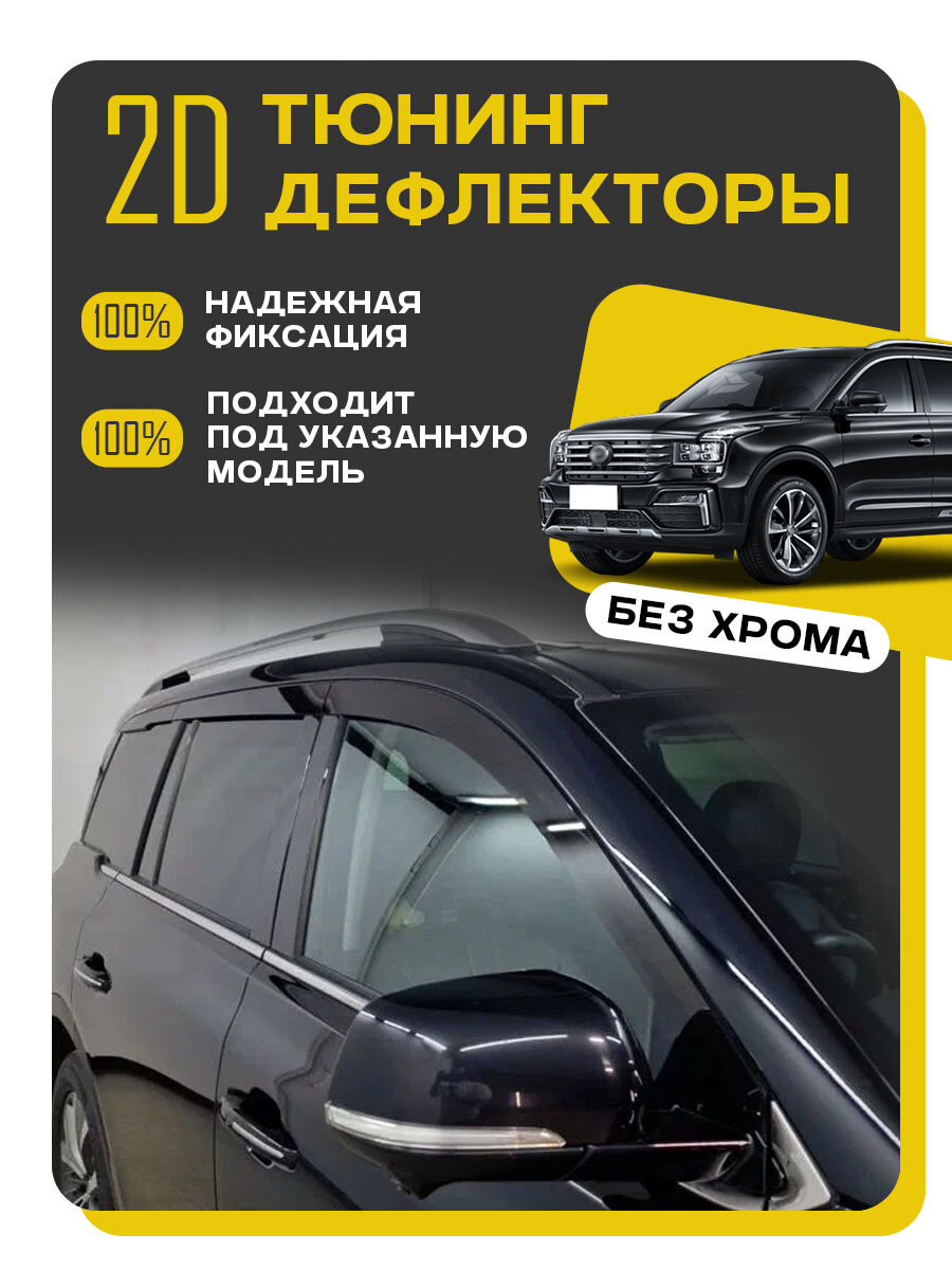 Плоские тюнинг дефлекторы для окон GAC GS8 1 поколение (2016-2023) Ветровики на Джак ГС8 / 2d дефлекторы. Комплект 6 шт.