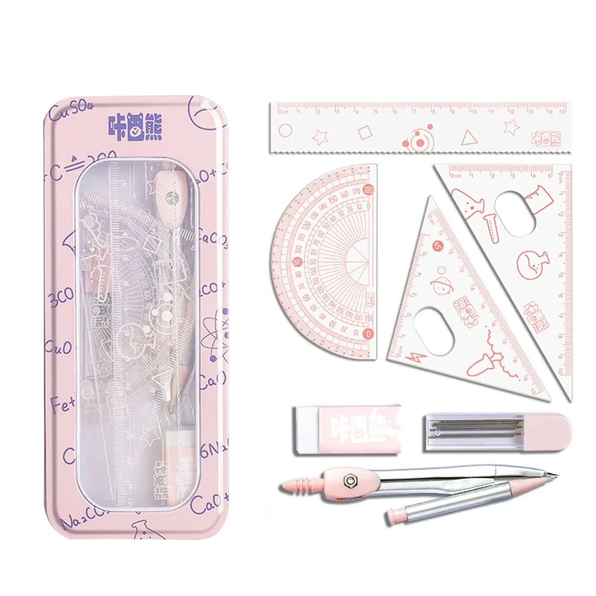 Набор инструментов для обучения линейке и компасу, металл, пластик, розовый