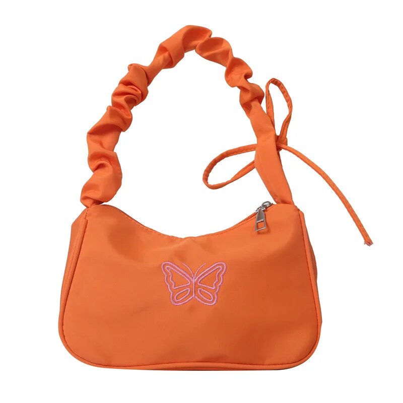 Сумка через плечо с вышитой бабочкой, нейлоновая сумка-тоут с бантом, косметичка, orange, SKU00981