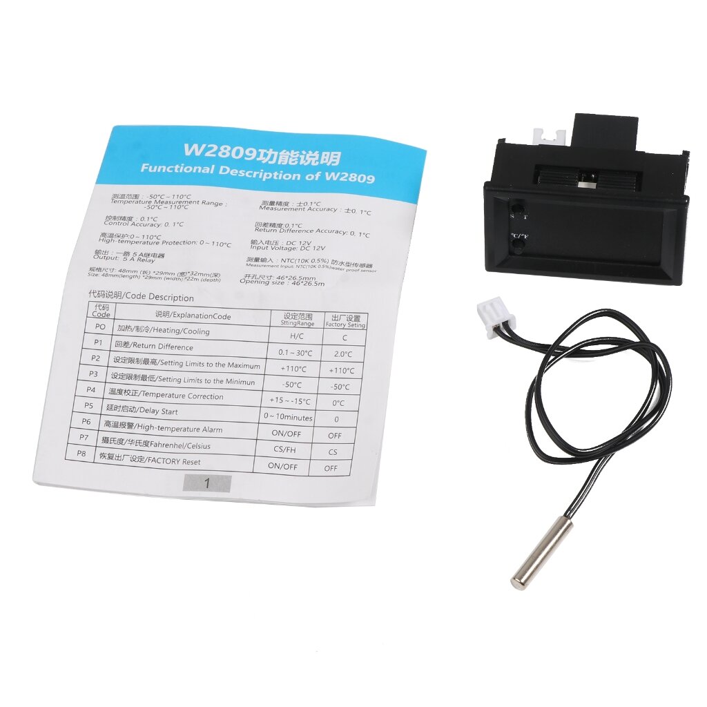 W2809 DC12V 20A Цифровой контроллер температуры с зондом-термостатом Программируемый двухцветный светодиодный монитор