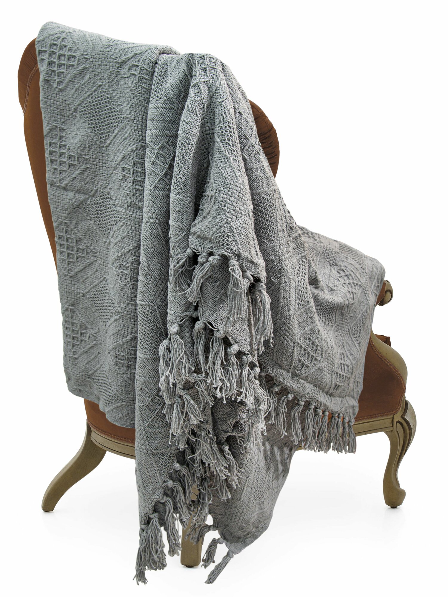 Покрывало Cleopatra "Грэнни", хлопок, ручная работа, с бахромой, 220x240 см, серый