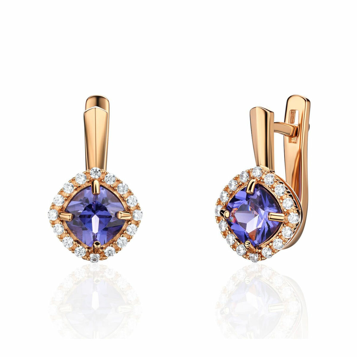 Серьги, красное золото, 585 проба, фианит, танзанит