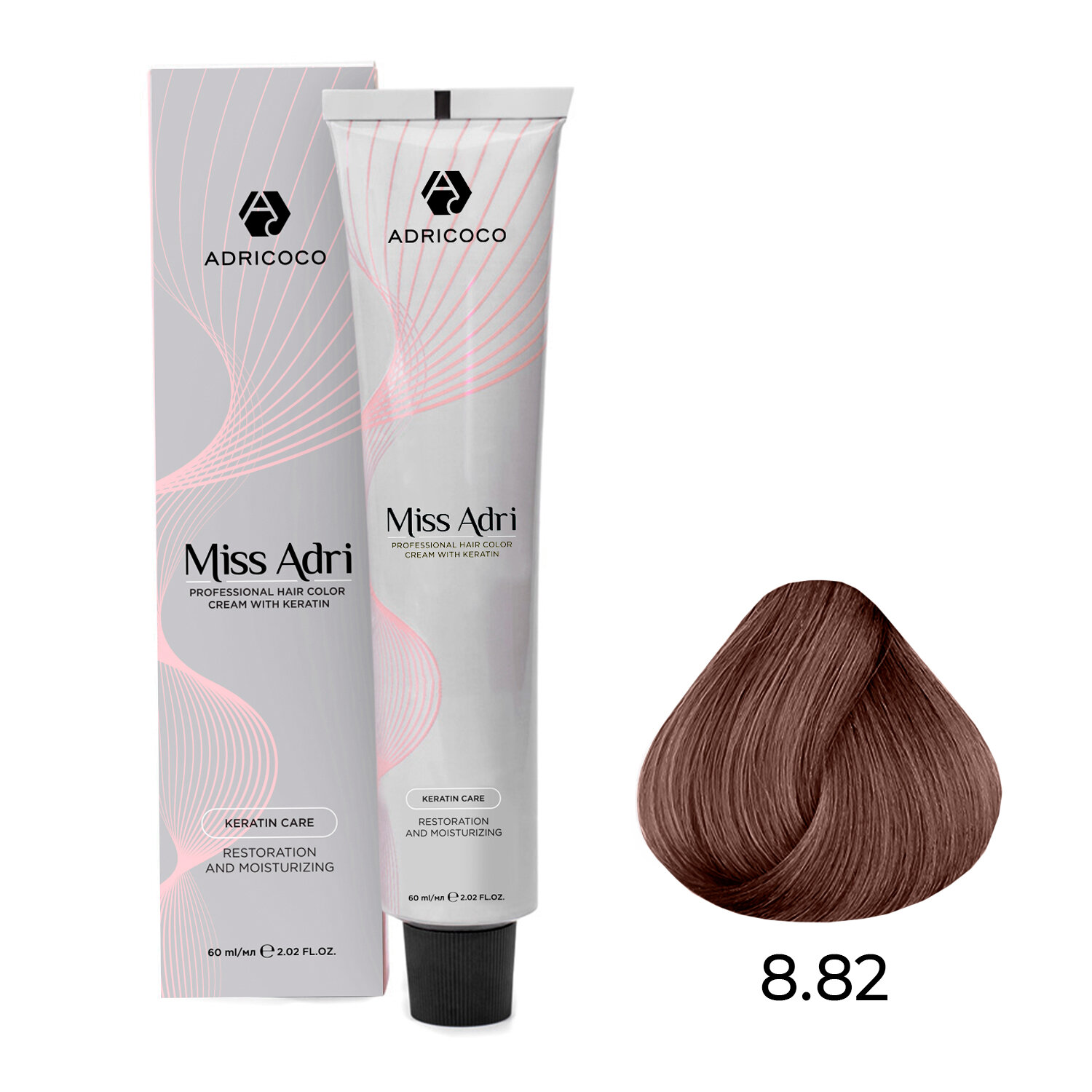 Крем-краска для волос Miss Adri с кератином, оттенок 8.82 Светлый блонд шоколадный перламутровый, ADRICOCO, 60 мл
