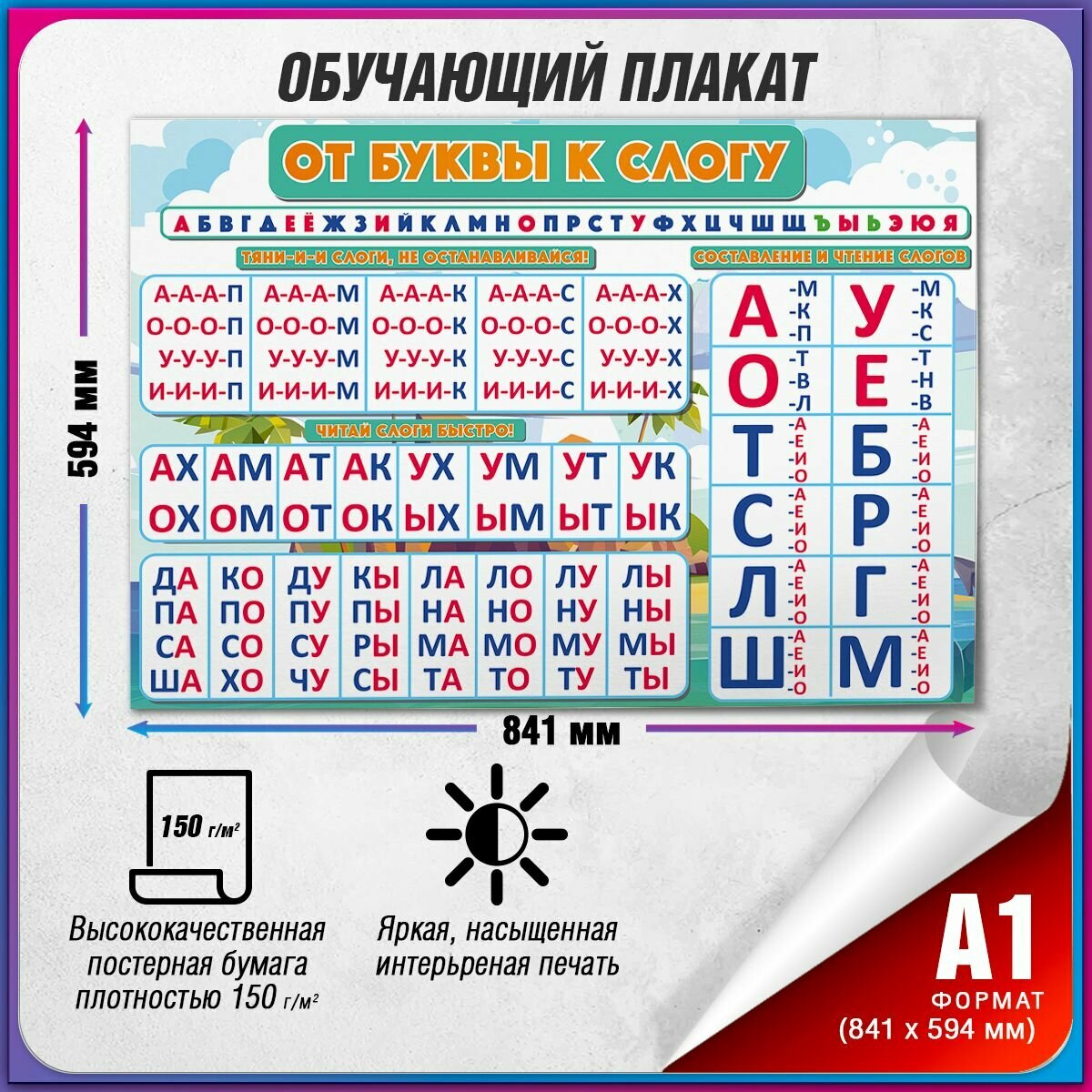 Обучающий плакат "От буквы к слогу" / А-1 (84x60 см.)