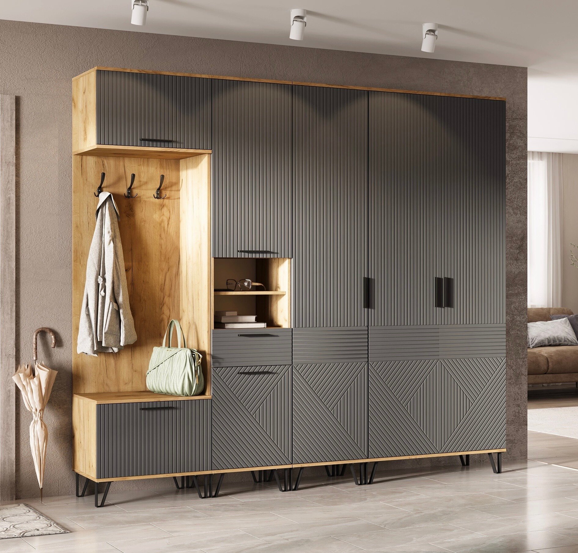 Прихожая Флэш 2.4 метра. Дуб крафт золотой/серый. Модульная