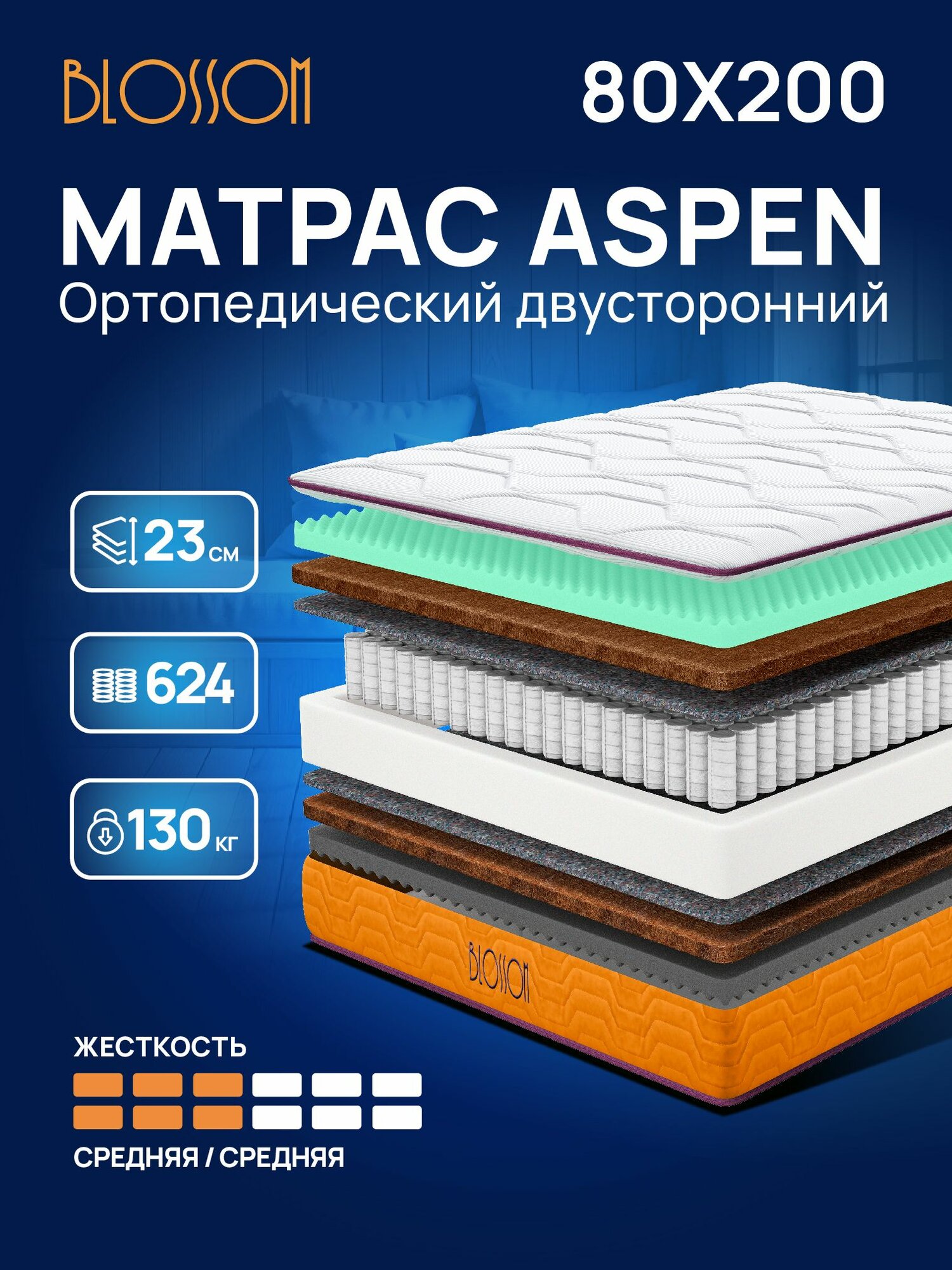 Матрас Blossom Aspen, Независимые пружины, 80х200 см