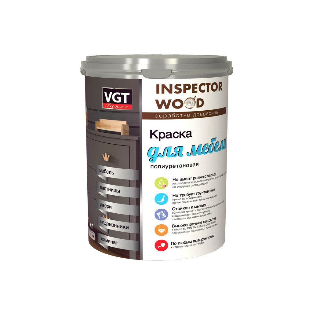 Краска для мебели полиуретановая полуматовая супербелая база А, 2.5кг