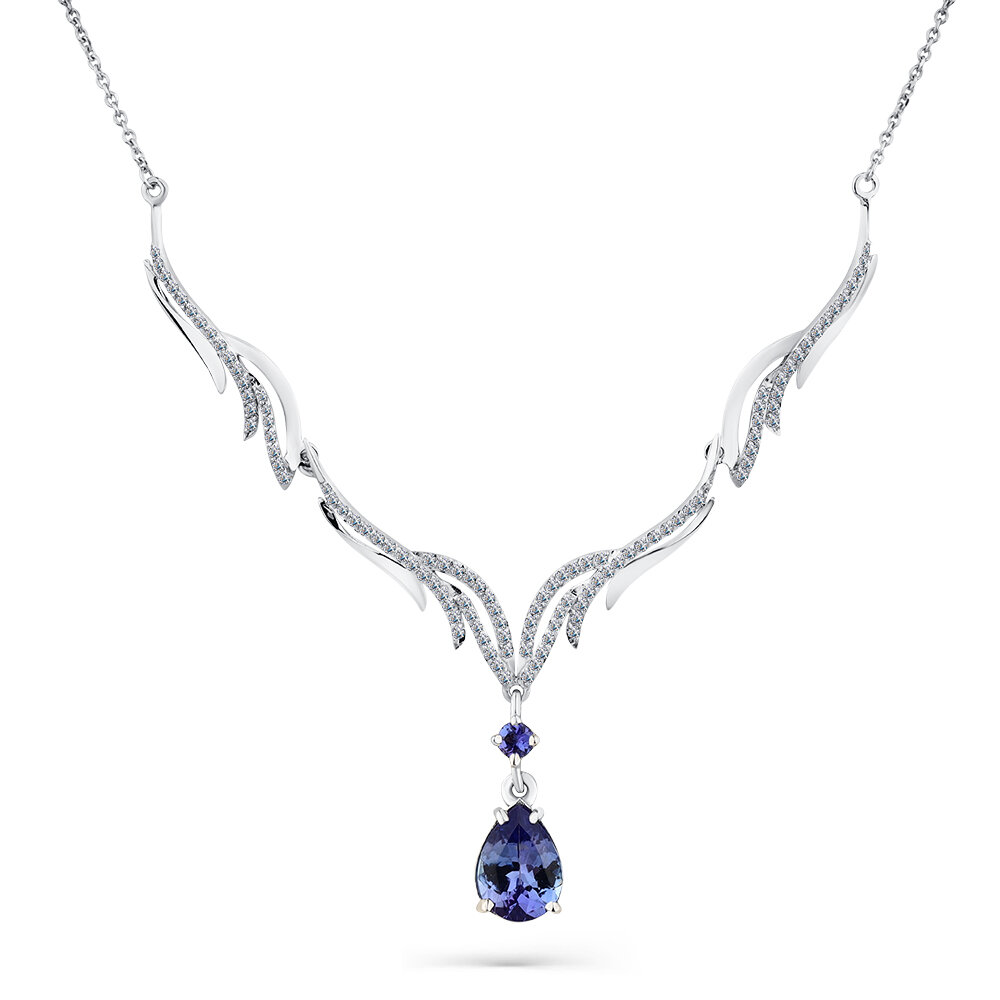 Колье, белое золото, 585 проба, бриллиант, танзанит