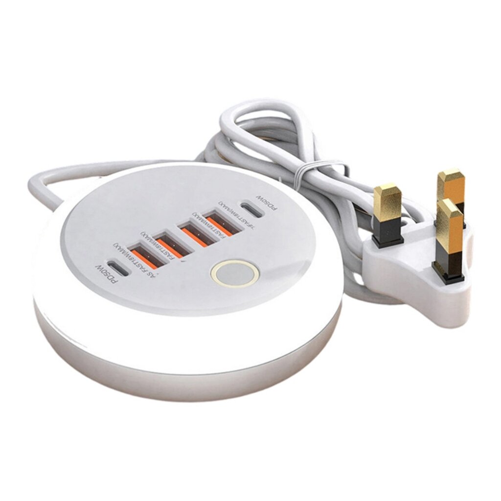 USB C Адаптер Зарядки Многопортовый с Креативной Круглой LED Ночной Лампой Интеллектуальная Быстрая Зарядка 6 Порт (2 Type C+4 USB)