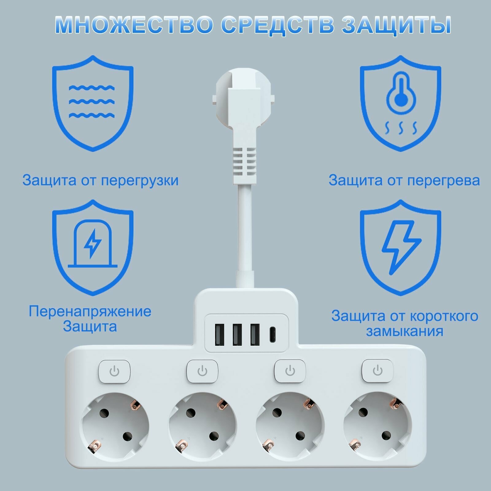 Удлинитель с USB (3 порта) и Type-C белая розетка на 4 гнезда для быстрой зарядки