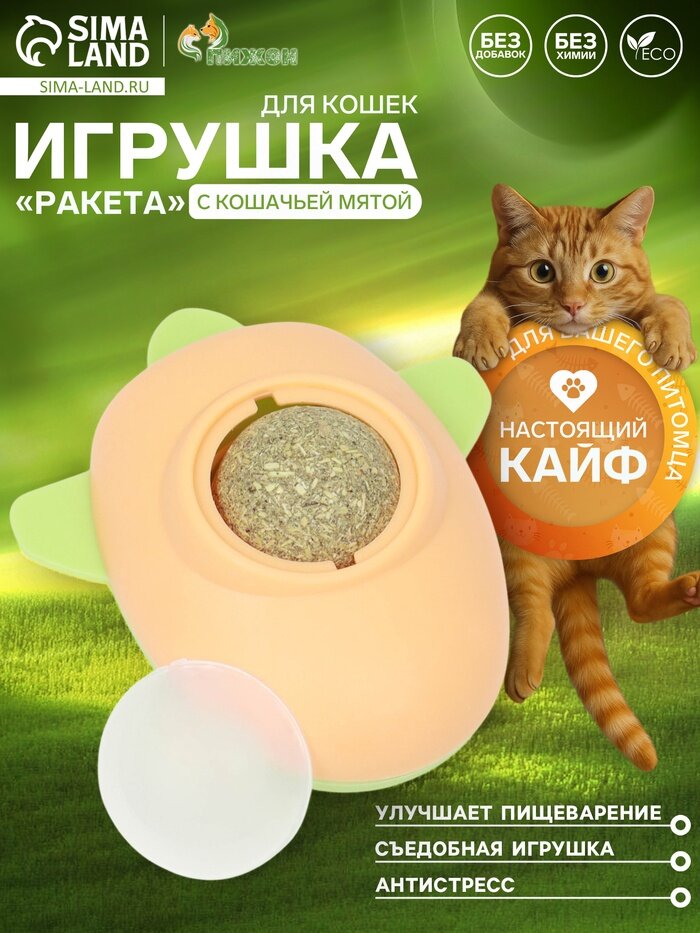 Игрушка с кошачьей мятой для кошек «Ракета», 6 см, пластик, оранжевая, зелёная