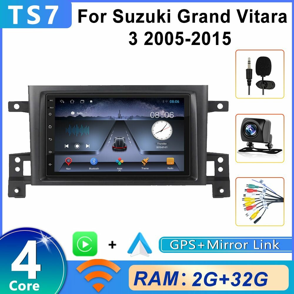 TS7 2+32 7 дюймов Штатная магнитола для Сузуки Гранд Витара/Suzuki Grand Vitara 3 2005-2015 2 DIN FM IPS-экран Android Auto Carplay Мультимедиа автомабиля
