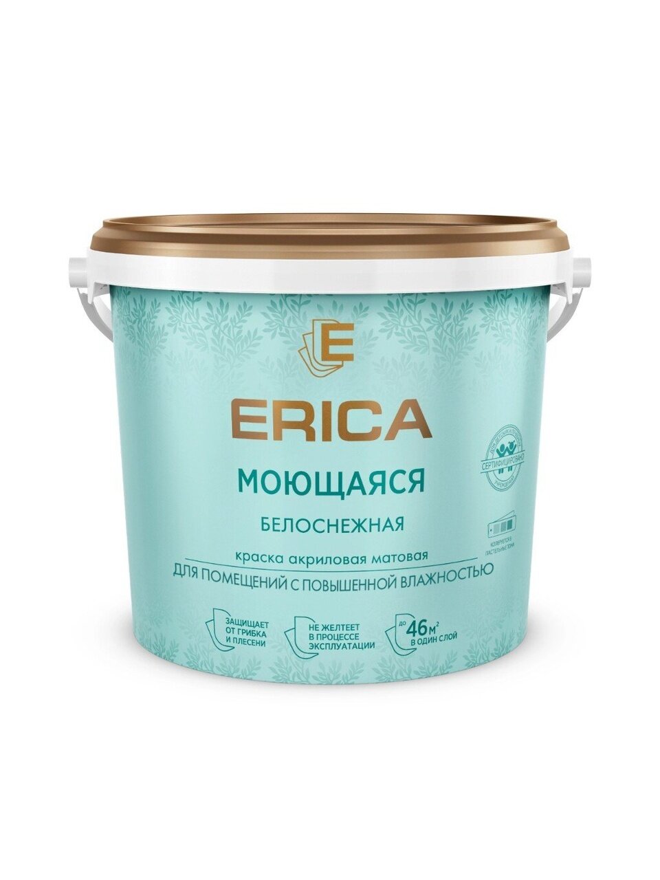 Краска воднодисперсионная, Erica, акриловая, универсальная, моющаяся, влагостойкая, матовая, белая, 6.5 кг
