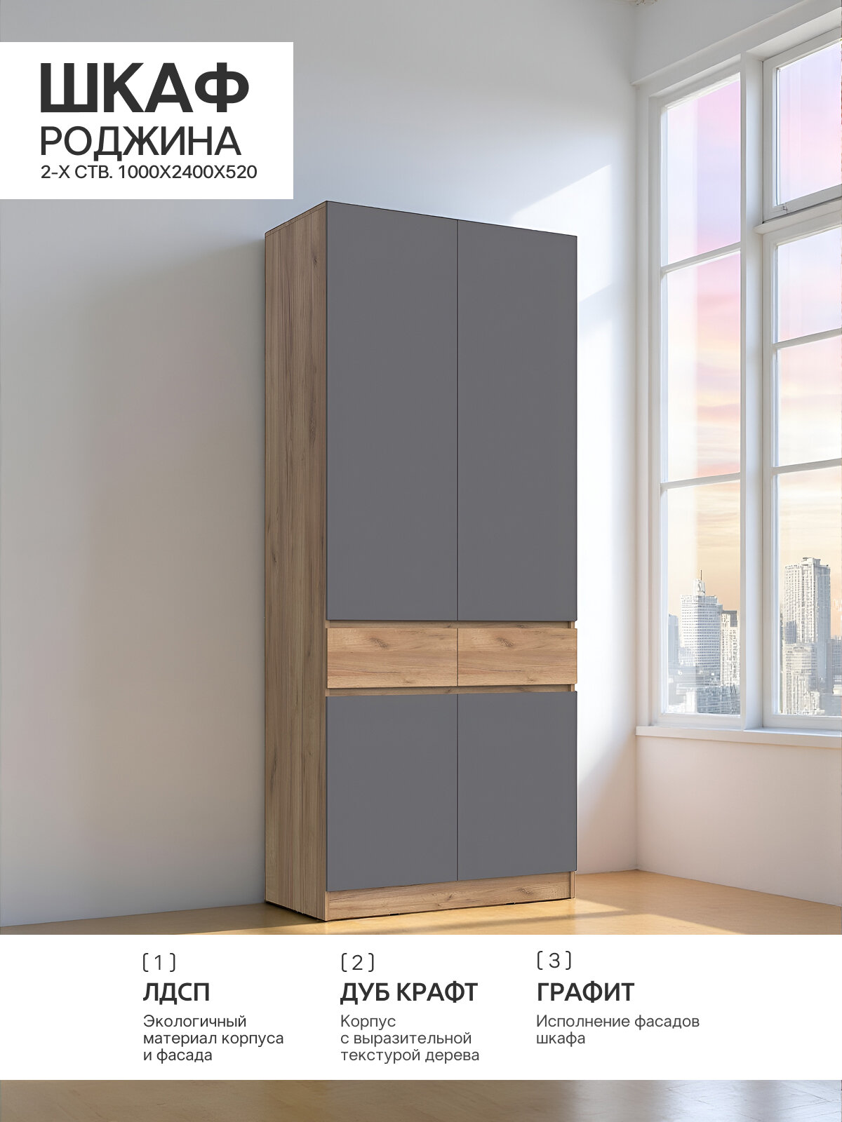 Шкаф 2-х ств Роджина 1000х2400х520 мм в цвете Дуб крафт / Графит