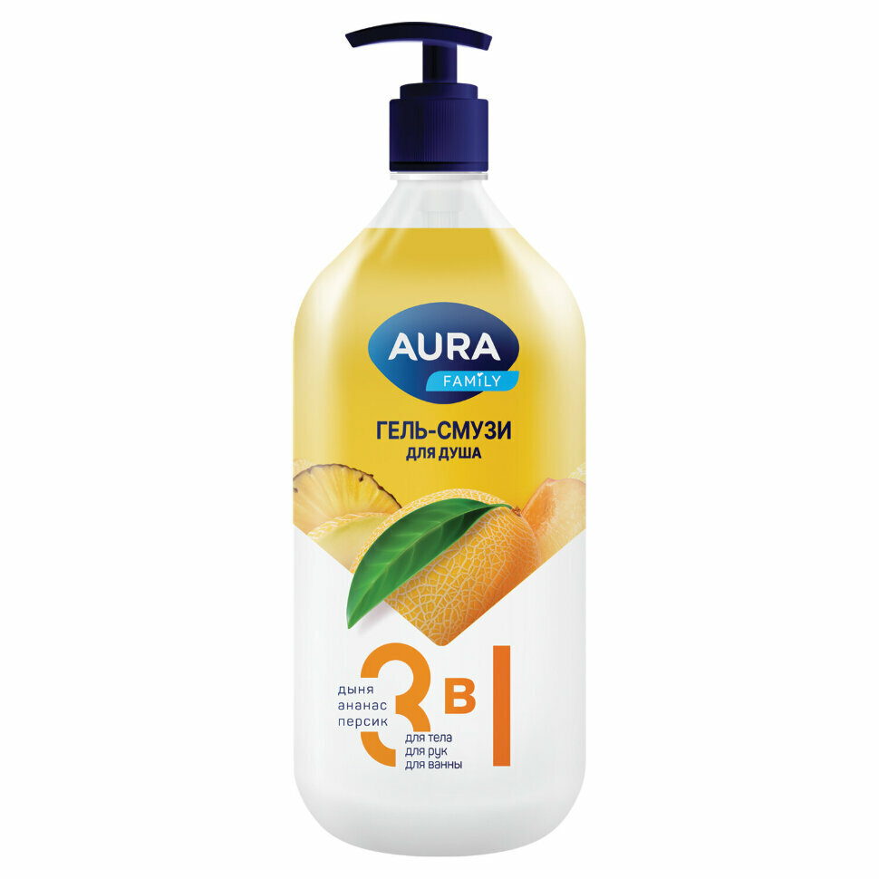 Гель-смузи для душа 3 в 1 для тела, рук и ванны 1 л, AURA FAMILY "Дыня, ананас, персик", дозатор, 14950, 702025